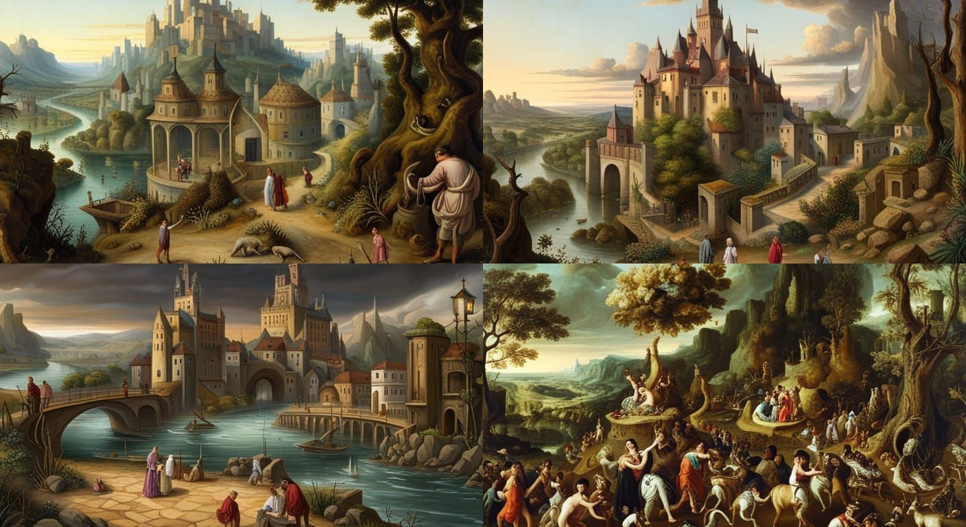 The painting depicts a fantastical scene of a sprawling, surreal ...