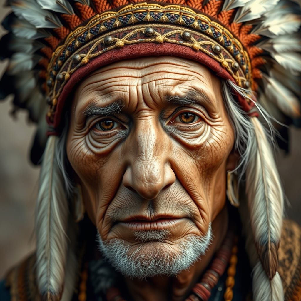 Serene Native American Shaman with Traditional Hea... - AI Art