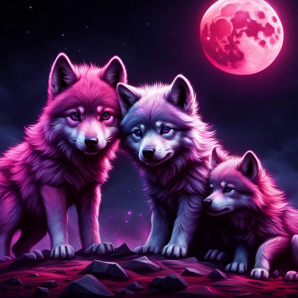 Cute baby wolves pink and purple red moon far - AI Generated Artwork ...