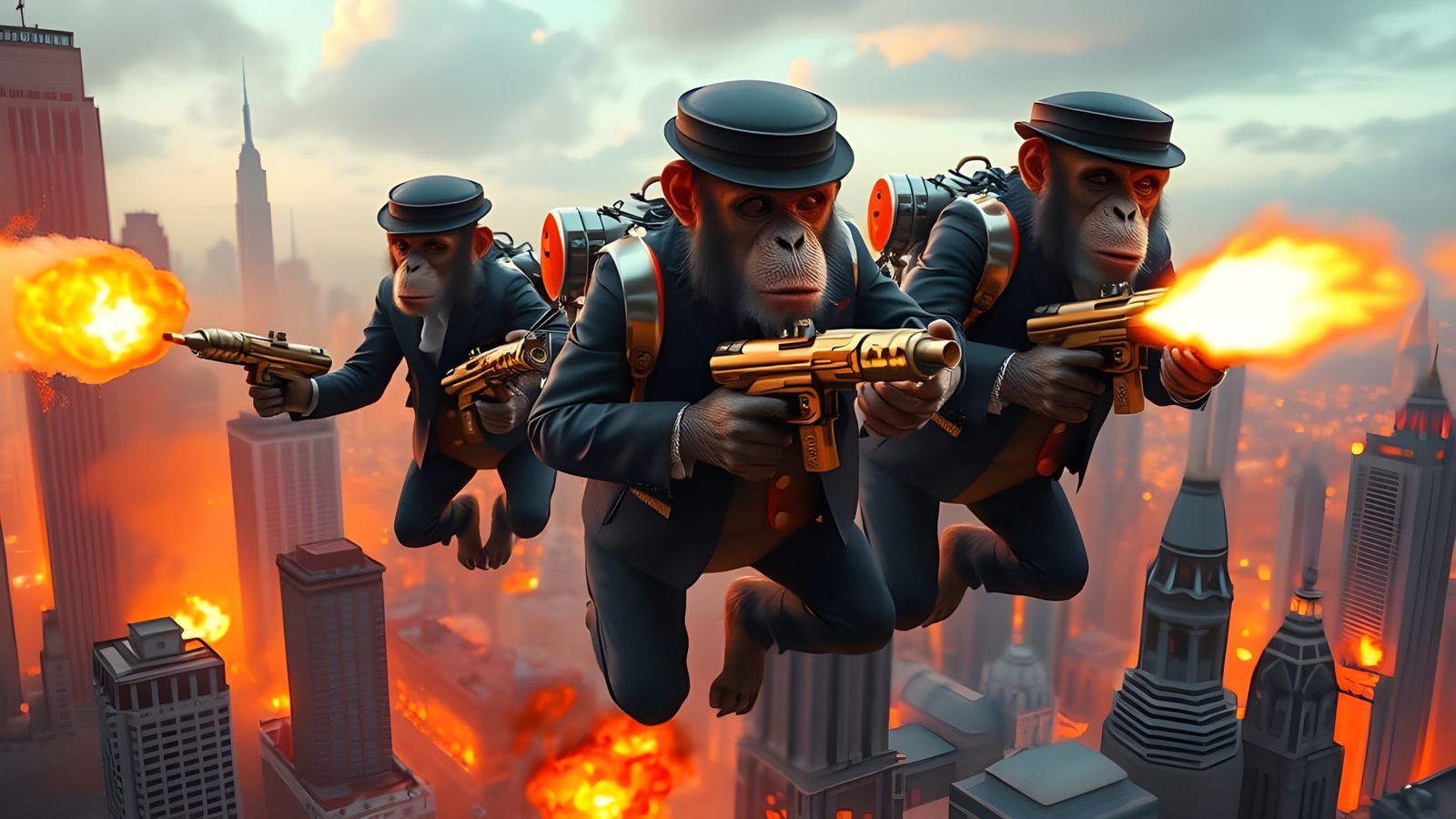 Apes in Fiery Chaos, Wearing Suits and Jetpacks - AI Art