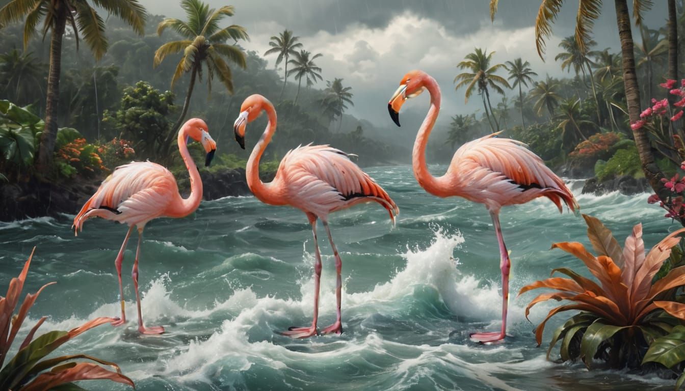 stormy today - Flamingos Weathering the Storm in Oceanic Tur...