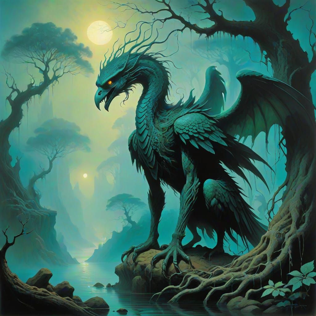 Hydra harpy hybrid - Mythical Harpy-Hydra in Turquoise and E...