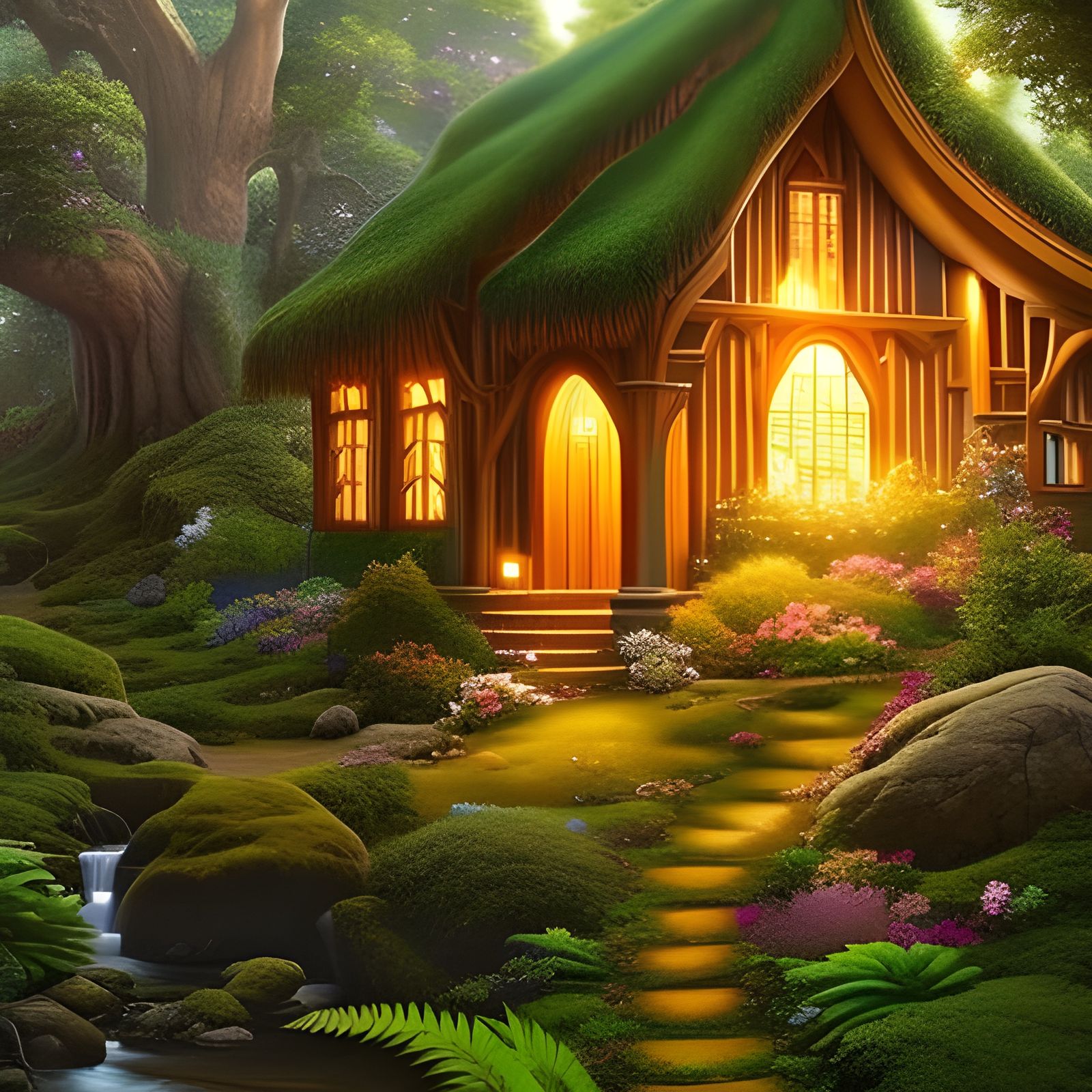 A magical fairytale house, full of lights and magic in the middle of a ...