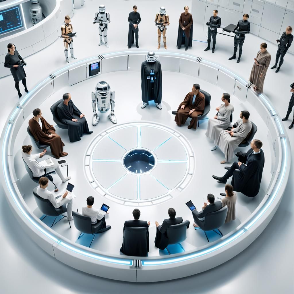 Futuristic Meeting with Holographic Cyborg in Circ... - AI Art