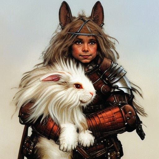 white lionhead dwarf bunny rabbit as a fantasy knight, closeup portrait ...