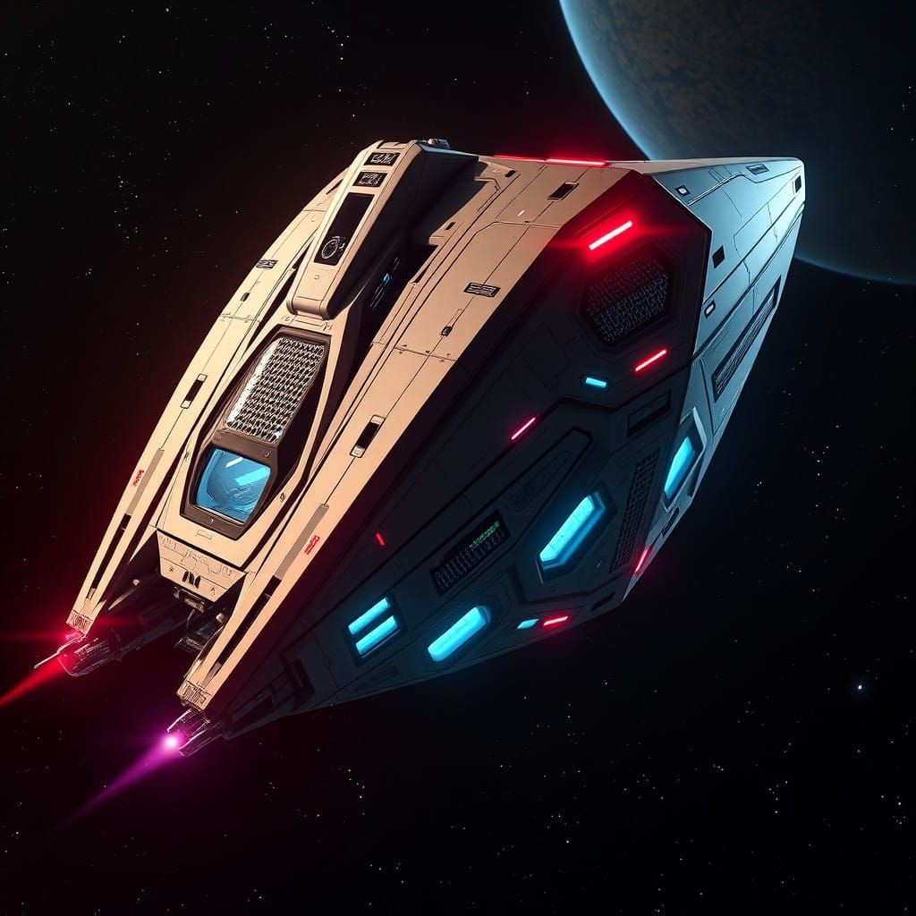 tetrahedron spaceship, featuring observation windows, thrusters, and the capacity to...