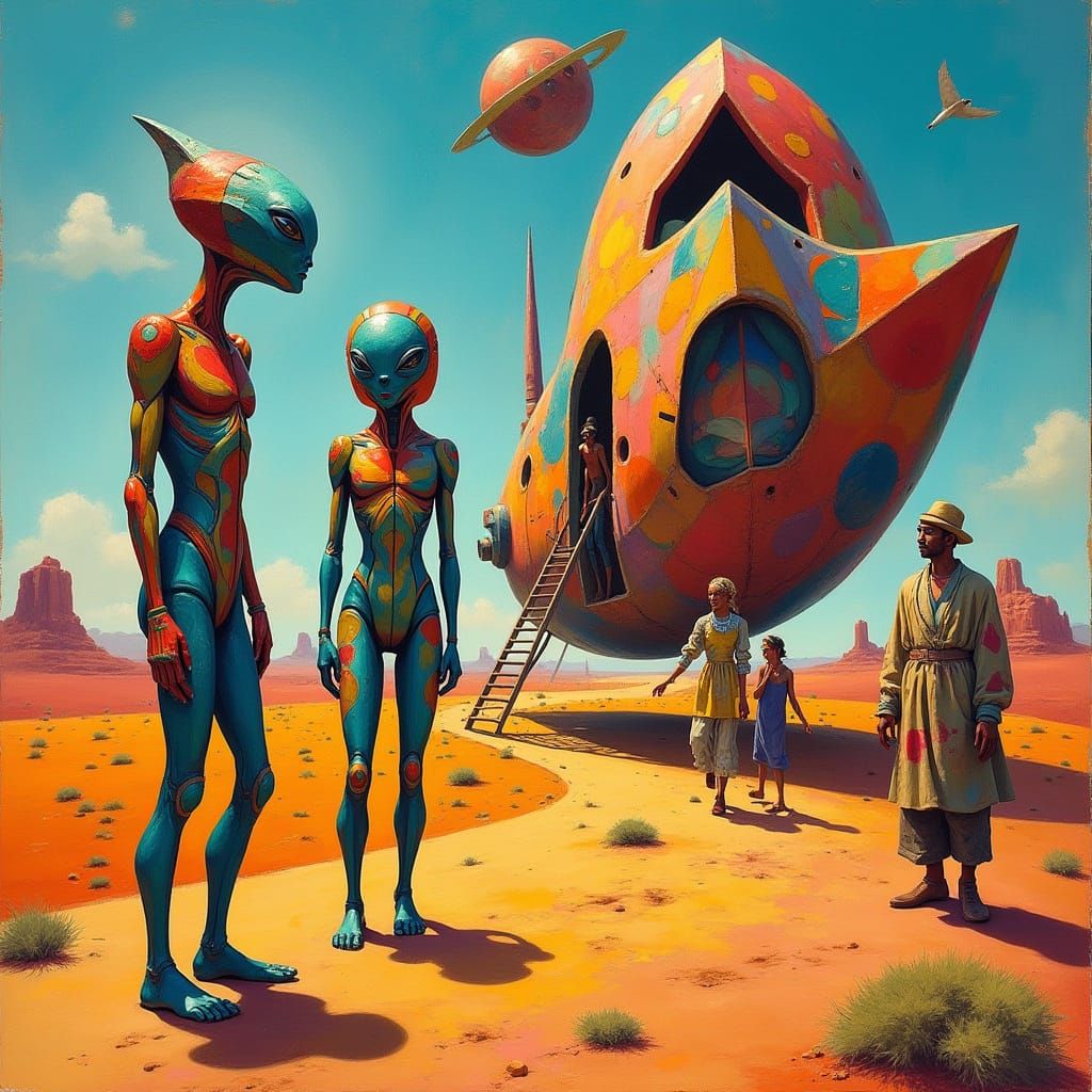 Cubist Aliens Step into Vibrant Desert Oasis - AI Art