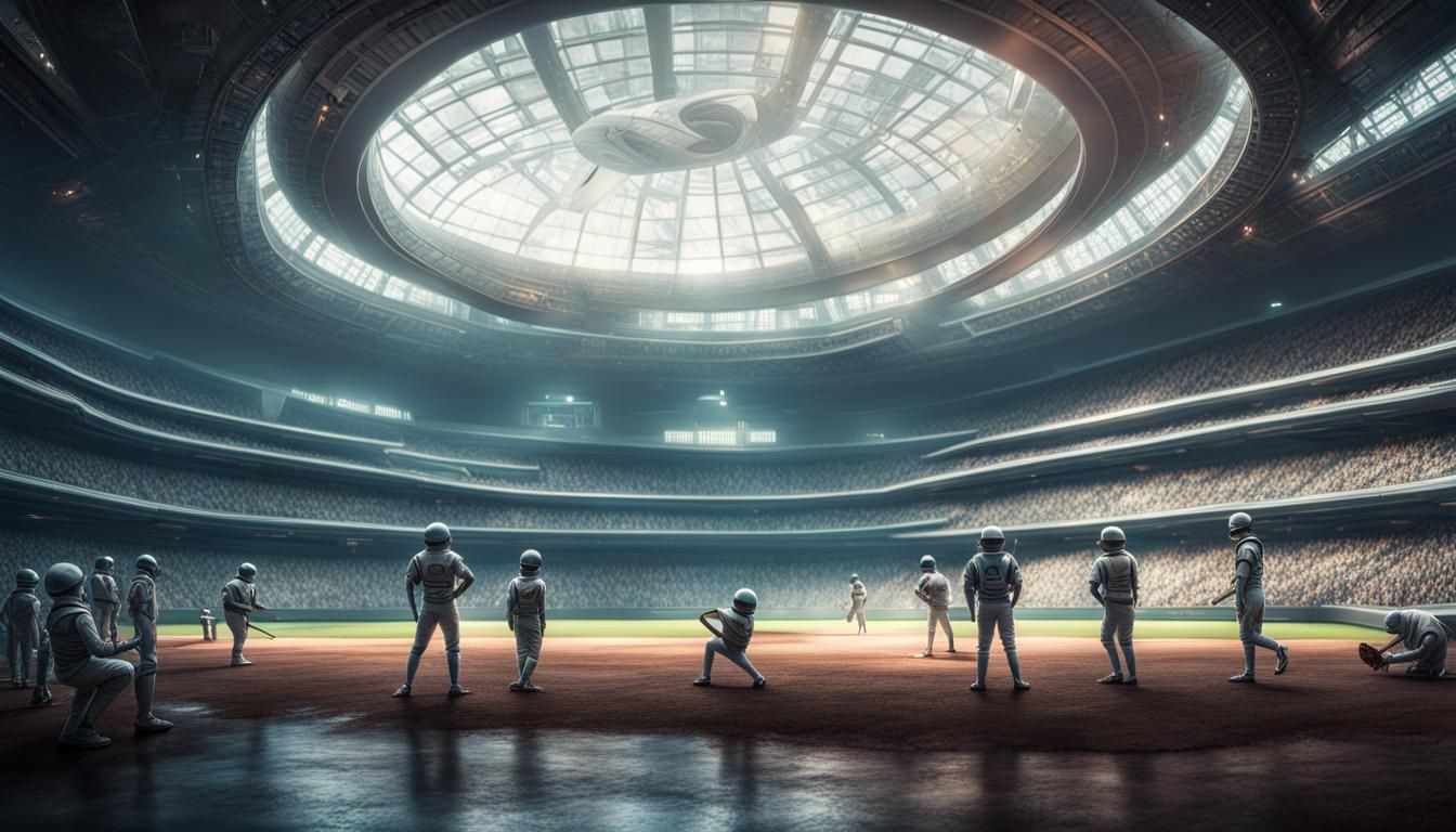 Different types of aliens playing baseball in a futuristic space ...
