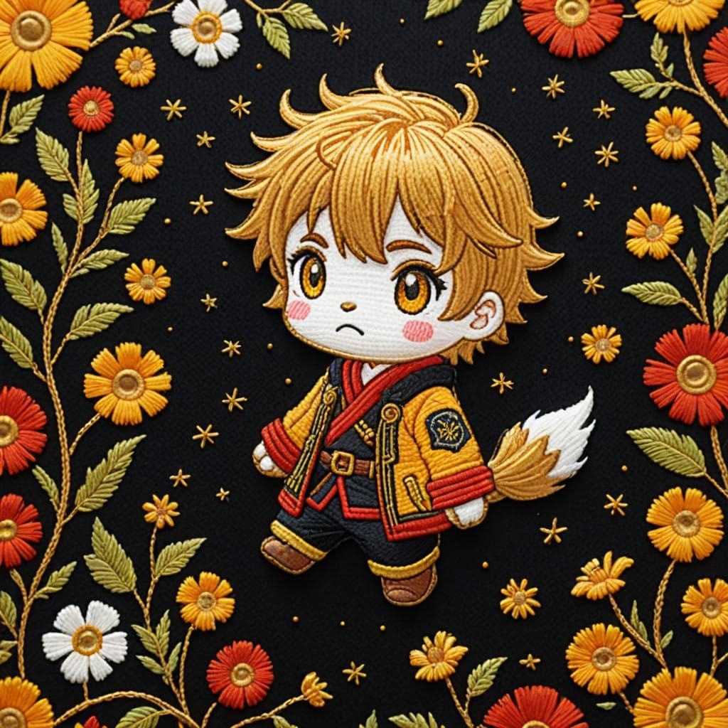 Golden Chibi Calf Embroidered in Intricate Anime N... - AI Art