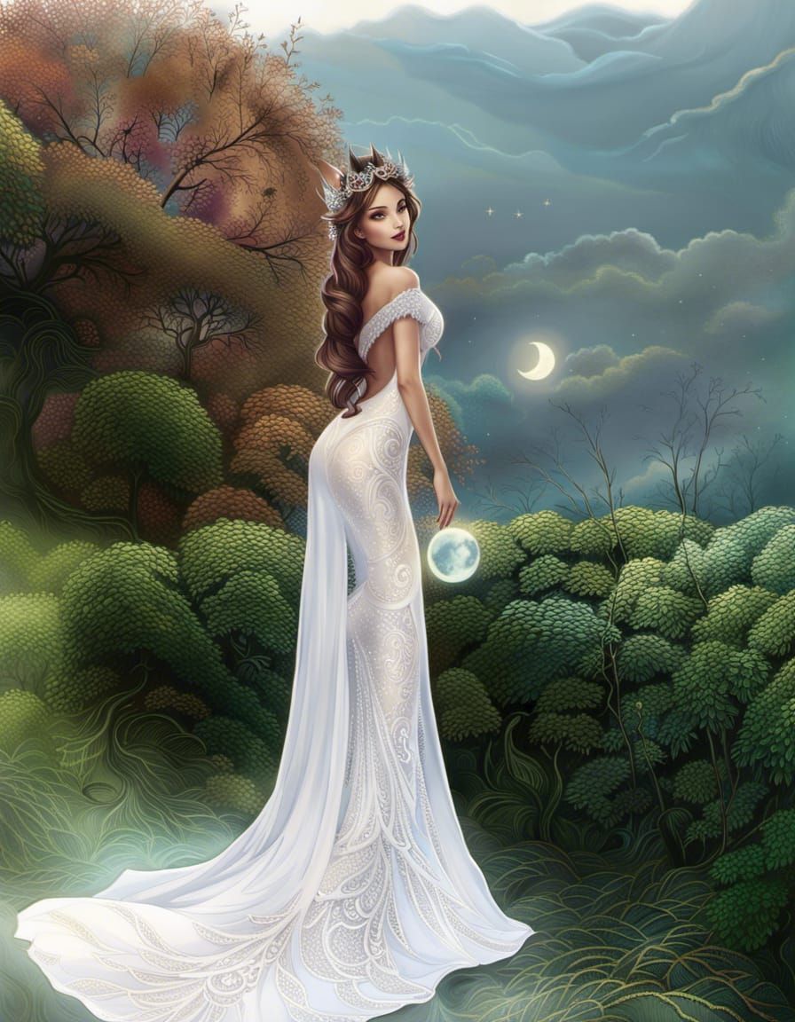 Beautiful moon goddess full body smiling covered in nightly glow with detailed silver features ...