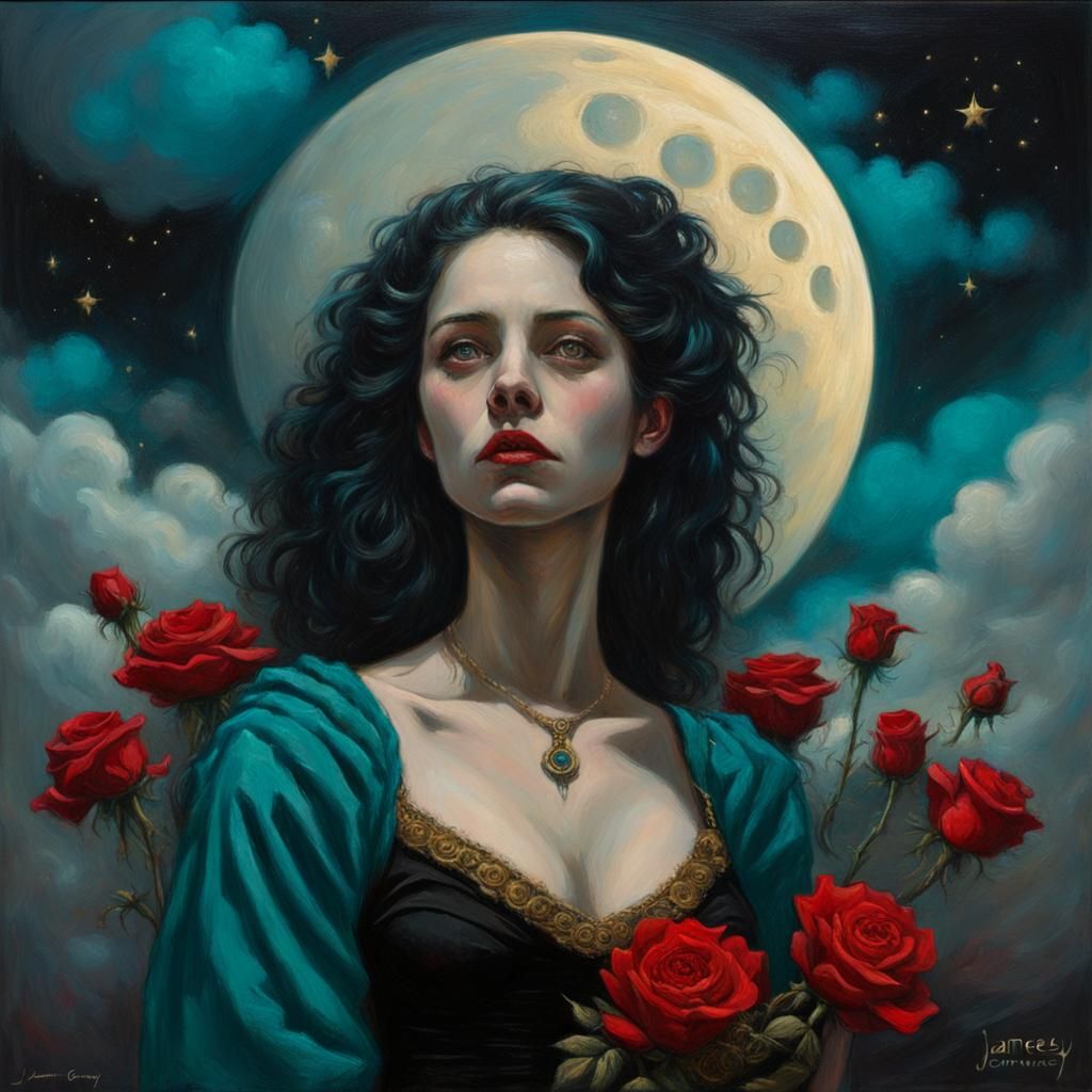 young woman, roses, teal and red and black and gold, soft lighting ...