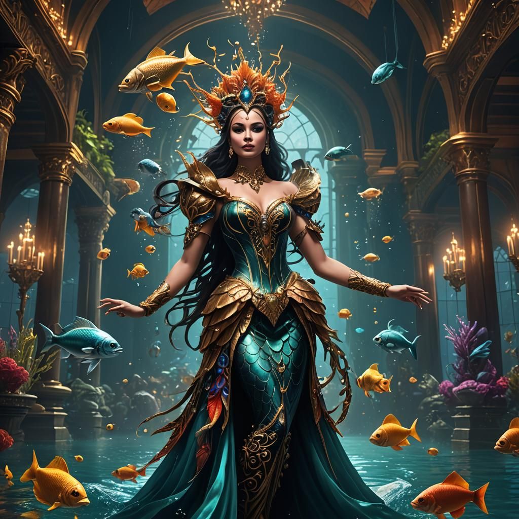 A siren queen attending a masquerade ball underwater. Fish and humanoid ...