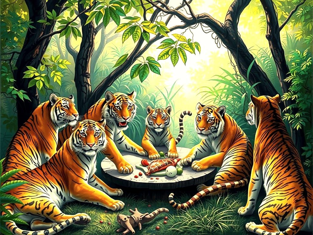 Tigers of the Forest Share a Bountiful Feast in Vi... - AI Art