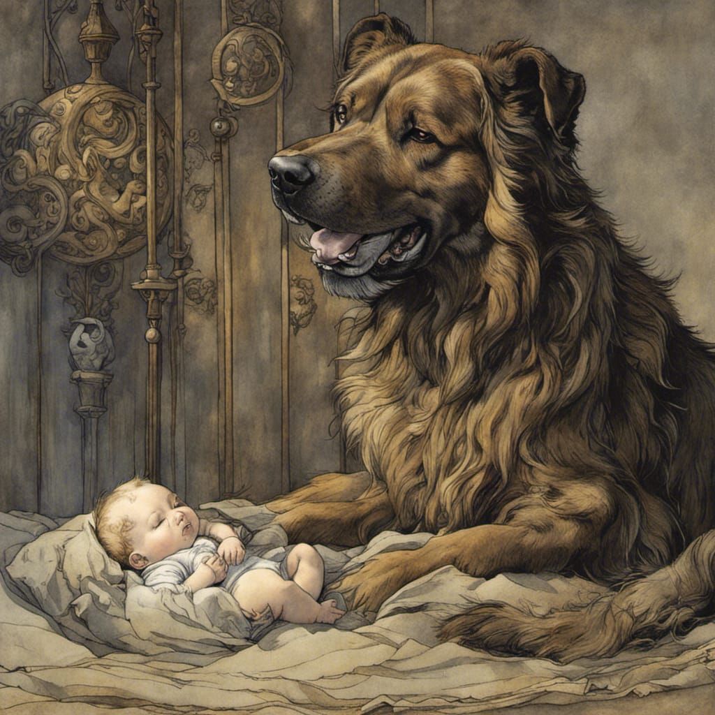 the big dog guards the sleeping baby, by Posuka Demizu, Arthur Rackham ...