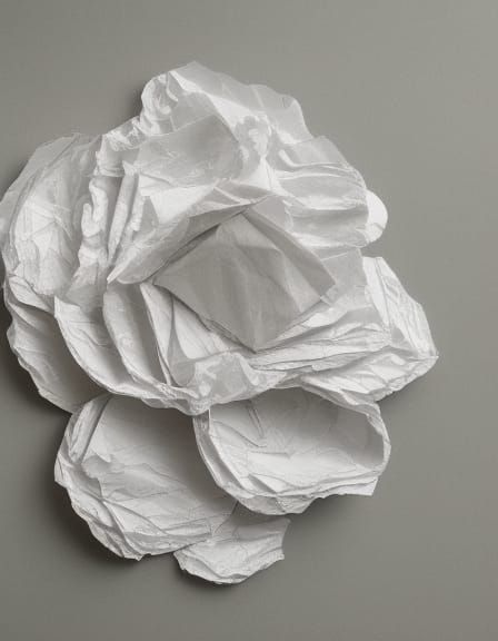 flattened squashed and crumpled origami paper flower on a white paper ...