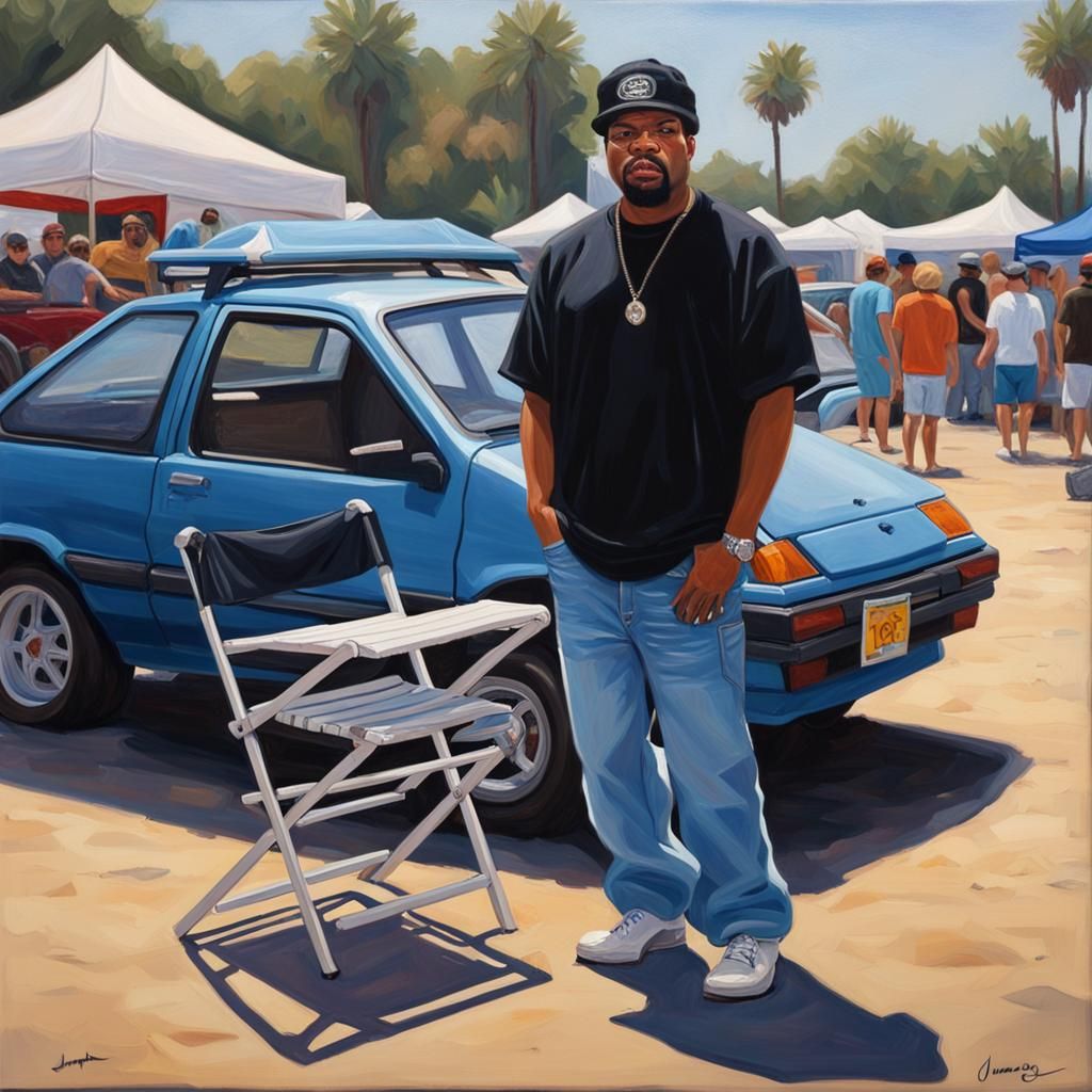 Ice Cube wearing a beanie hat standing next to a Geo Metro at a car ...