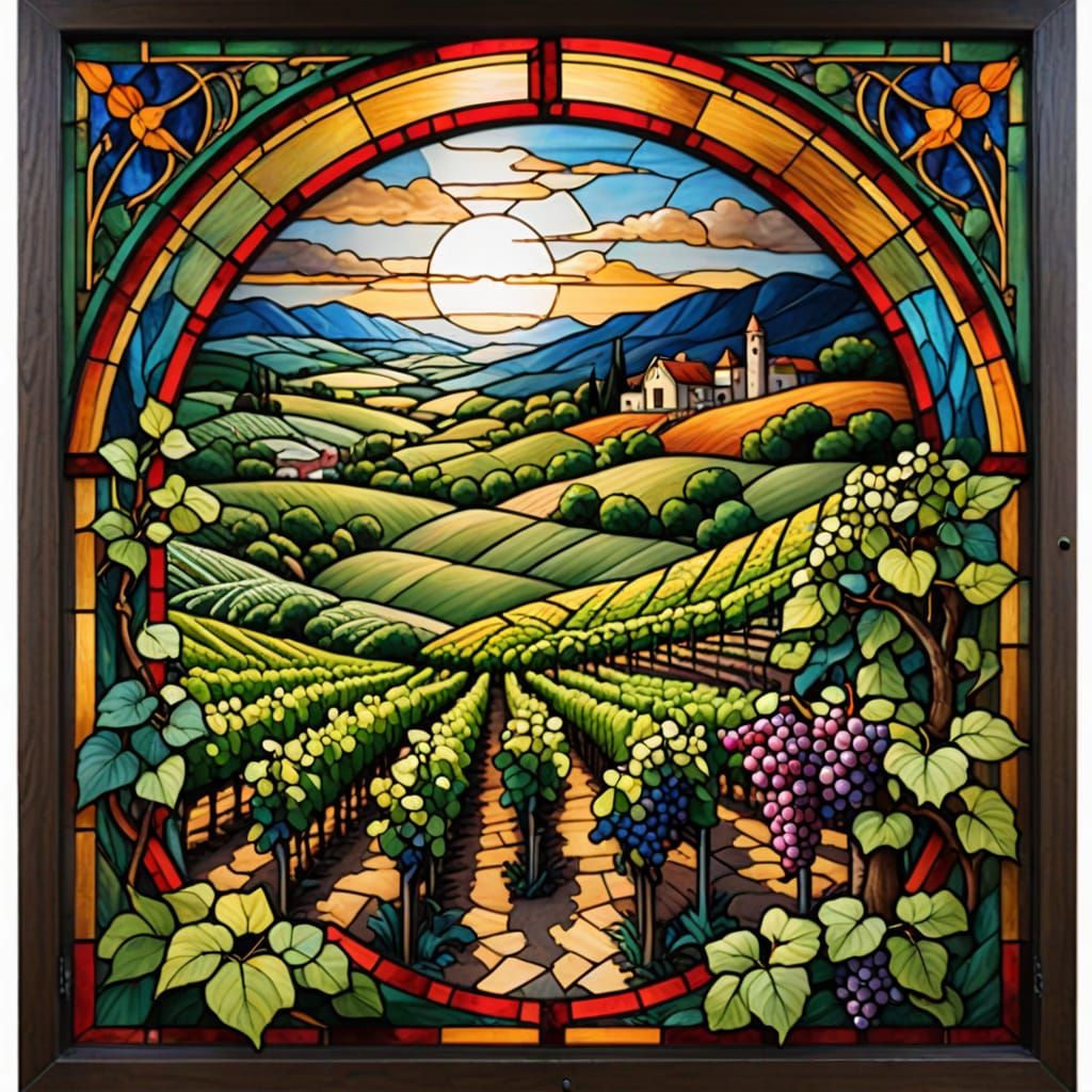 Surreal Stained Glass Window Depicts Idyllic Viney... - AI Art