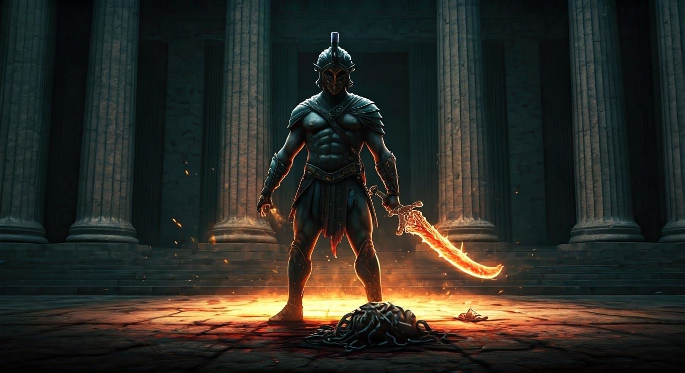 Perseus Wields Adamantine Sword with Severed Medus... - AI Art