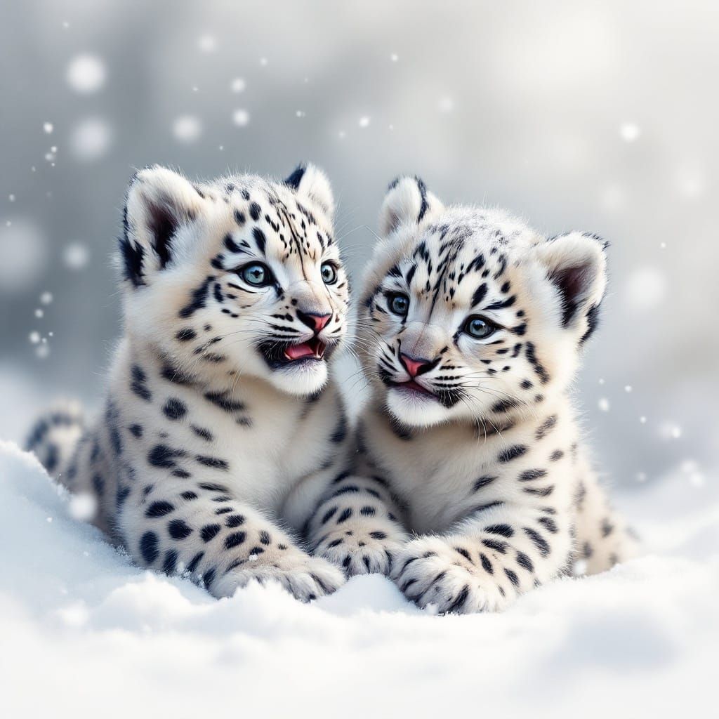 Two beautiful and cute baby snow leopards playing in the snow.