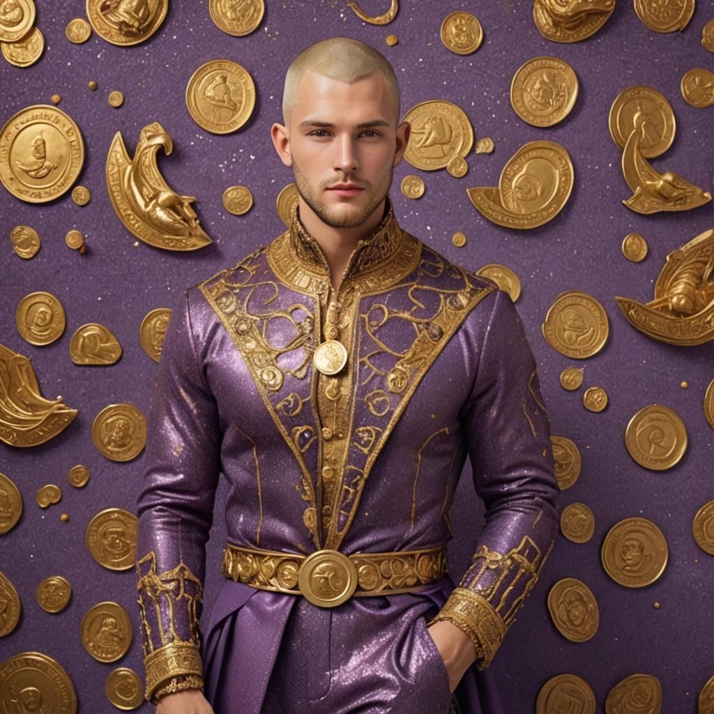 Handsome coin man wearing purple and gold - AI Generated Artwork ...