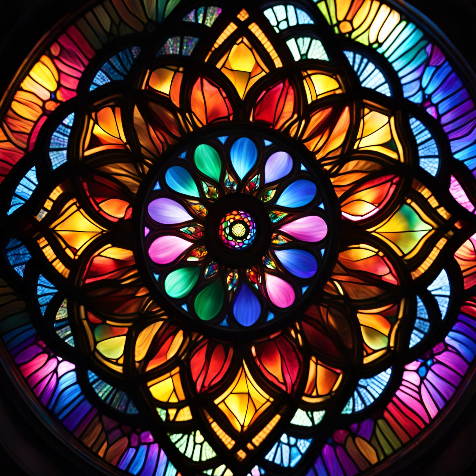 A stunning spiral rainbow-coloured round stained glass window with ...