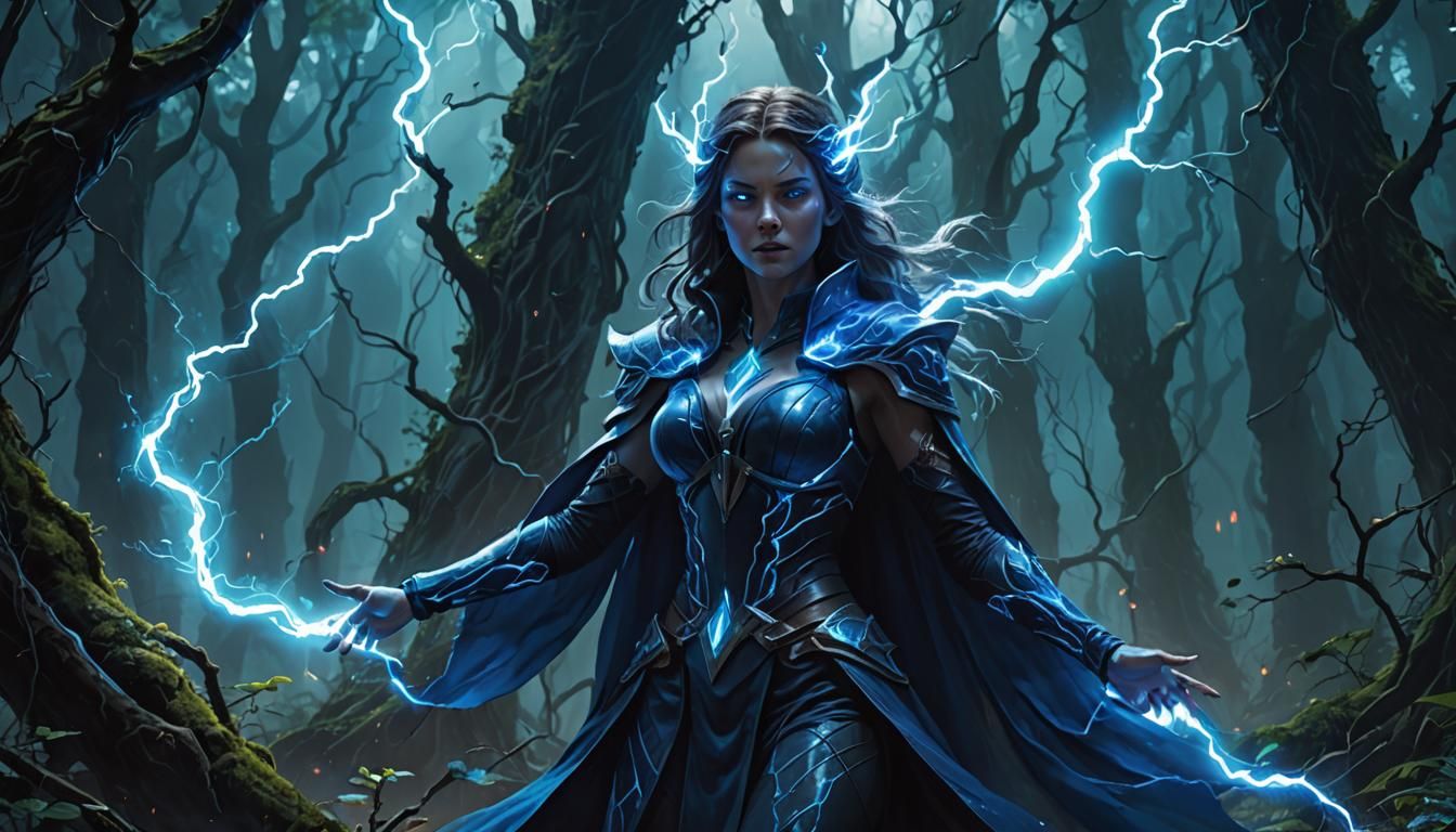 Electric Blue Sorcery Unleashed in Mystic Forest - AI Art