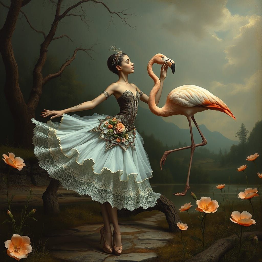 Flamingo - Surreal Flamingo Encounter in a Gothic Landscape