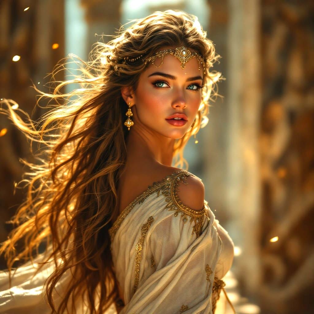 She Glances Back - Greek Goddess in Ancient White Gold Attir...