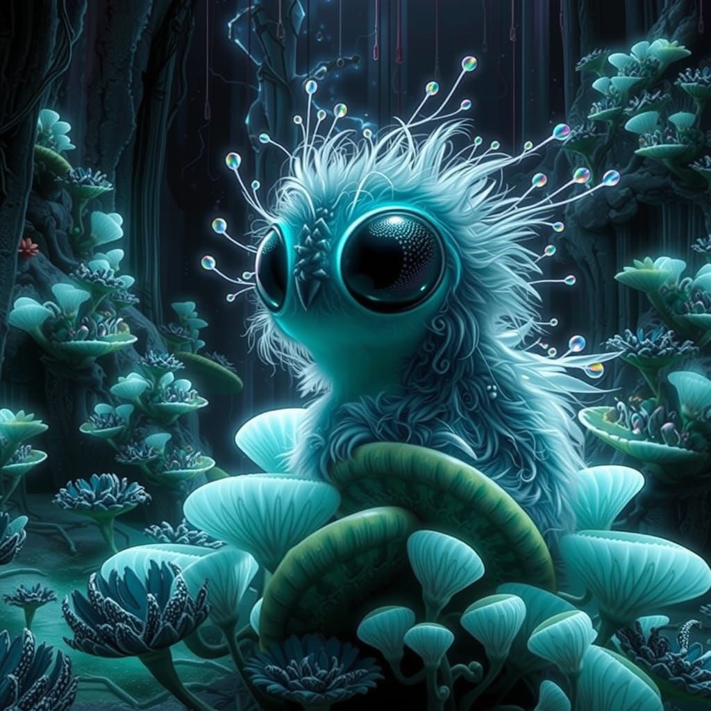 Rainbow Fuzzy Winged Critter in Dark Crystal Cave - AI Art