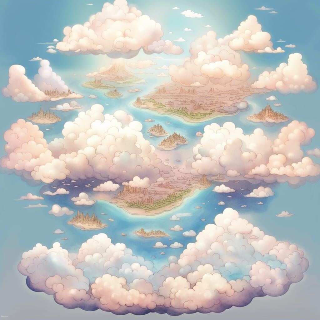 beautiful pearly radiant clouds in the shape of a map of islands and lands beautiful fantastical ...