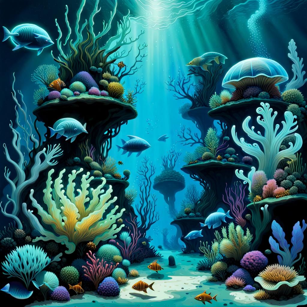 Enigmatic Oceanic Realm: A Maximalist Bioluminesce... - AI Art