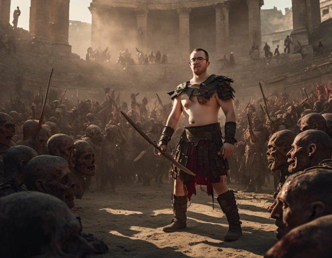 a picture of dressed in gladiator armor holding one sword fighting a ...