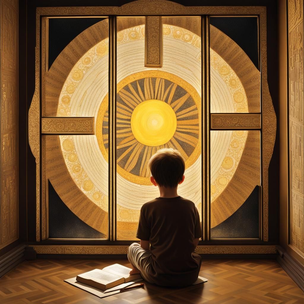 Gustav Klimt painting of sun's rays coming through window of dark room ...