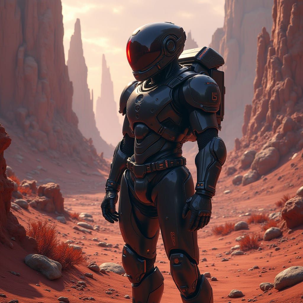 Heroic Sci-Fi Marine on Crimson Alien Planet - AI Art