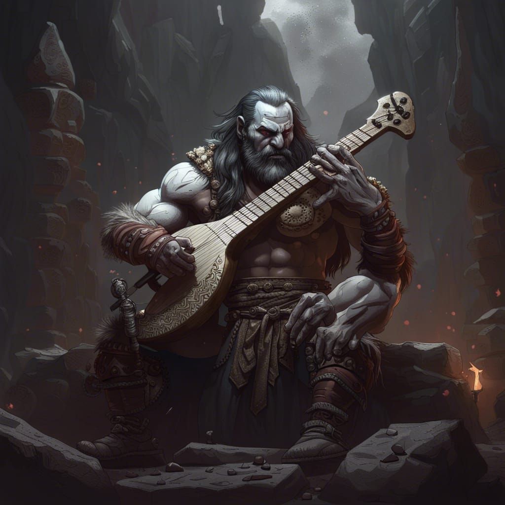 lobo kratos style, pale gray skinned, goliath Barbarian playing a lute ...