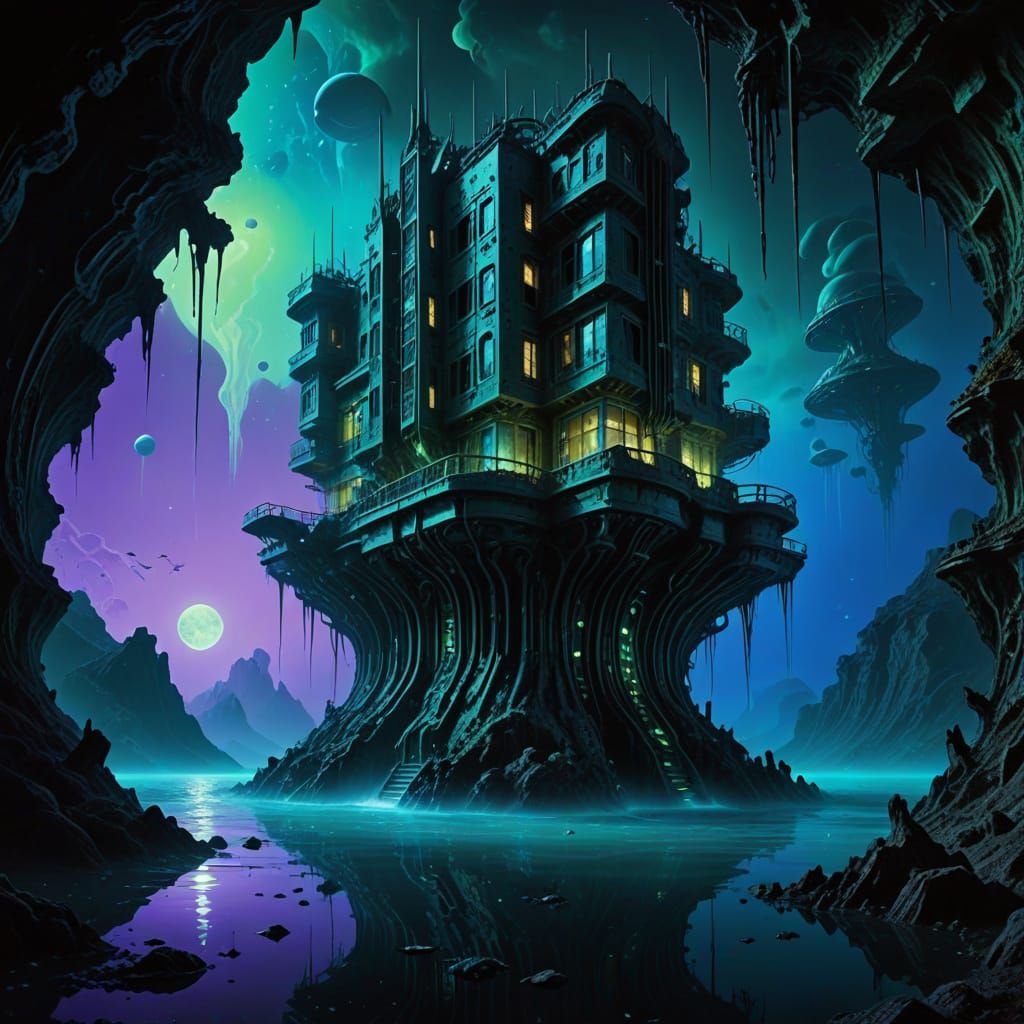 Surreal Alien Outpost at the Edge of the Abyss - AI Art