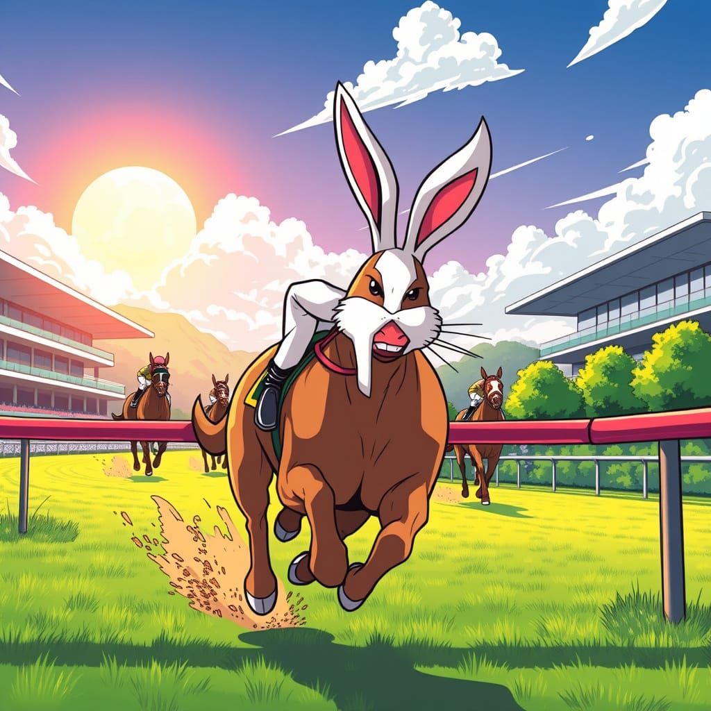 A rabbit winning a horse race - Determined Rabbit Wins Horse...