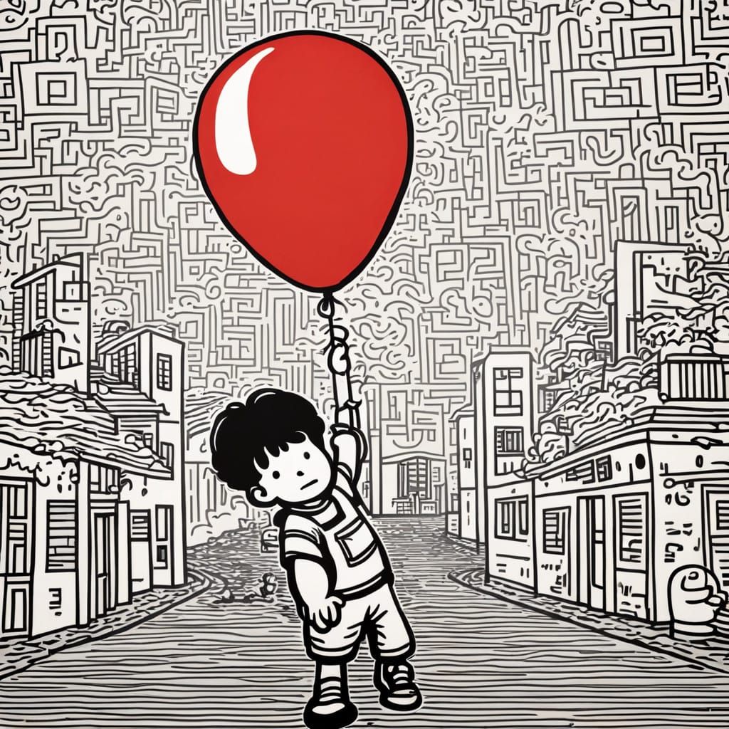 Child Holding Vibrant Red Balloon in Keith Haring'... - AI Art