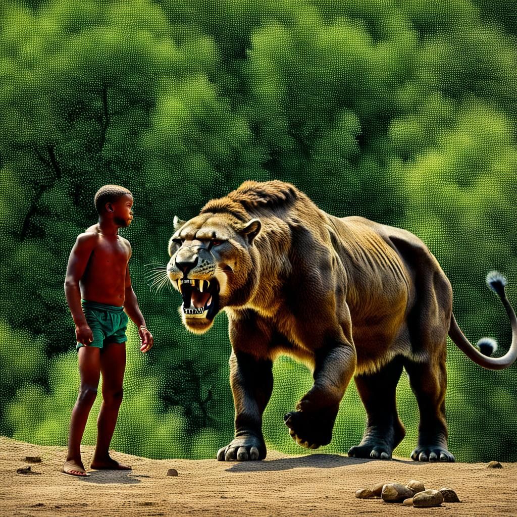 Prehistoric human with little smilodon - AI Generated Artwork ...