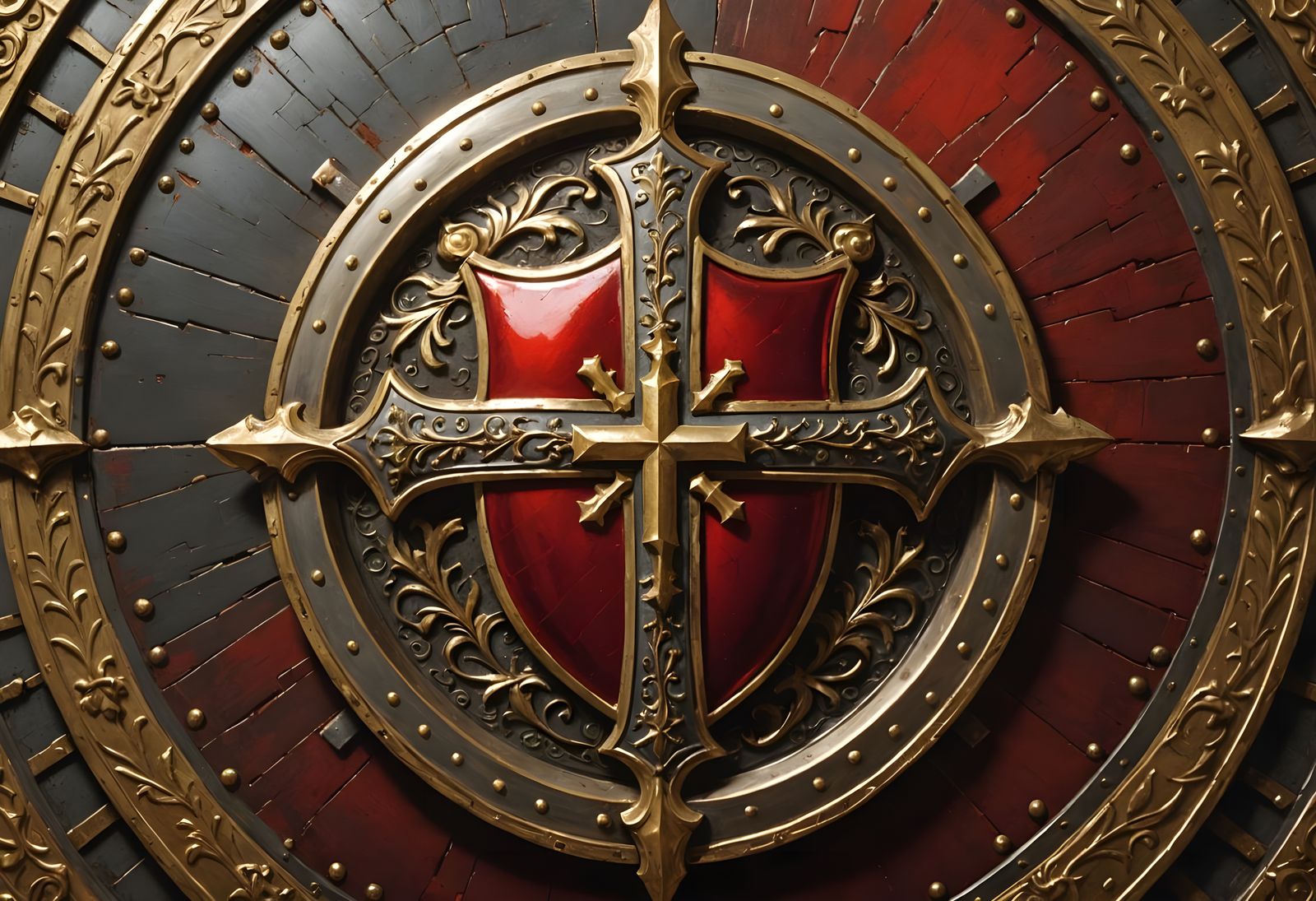 a gold trim on a metal shield from the Crusades with the background of the shield in red and a ...