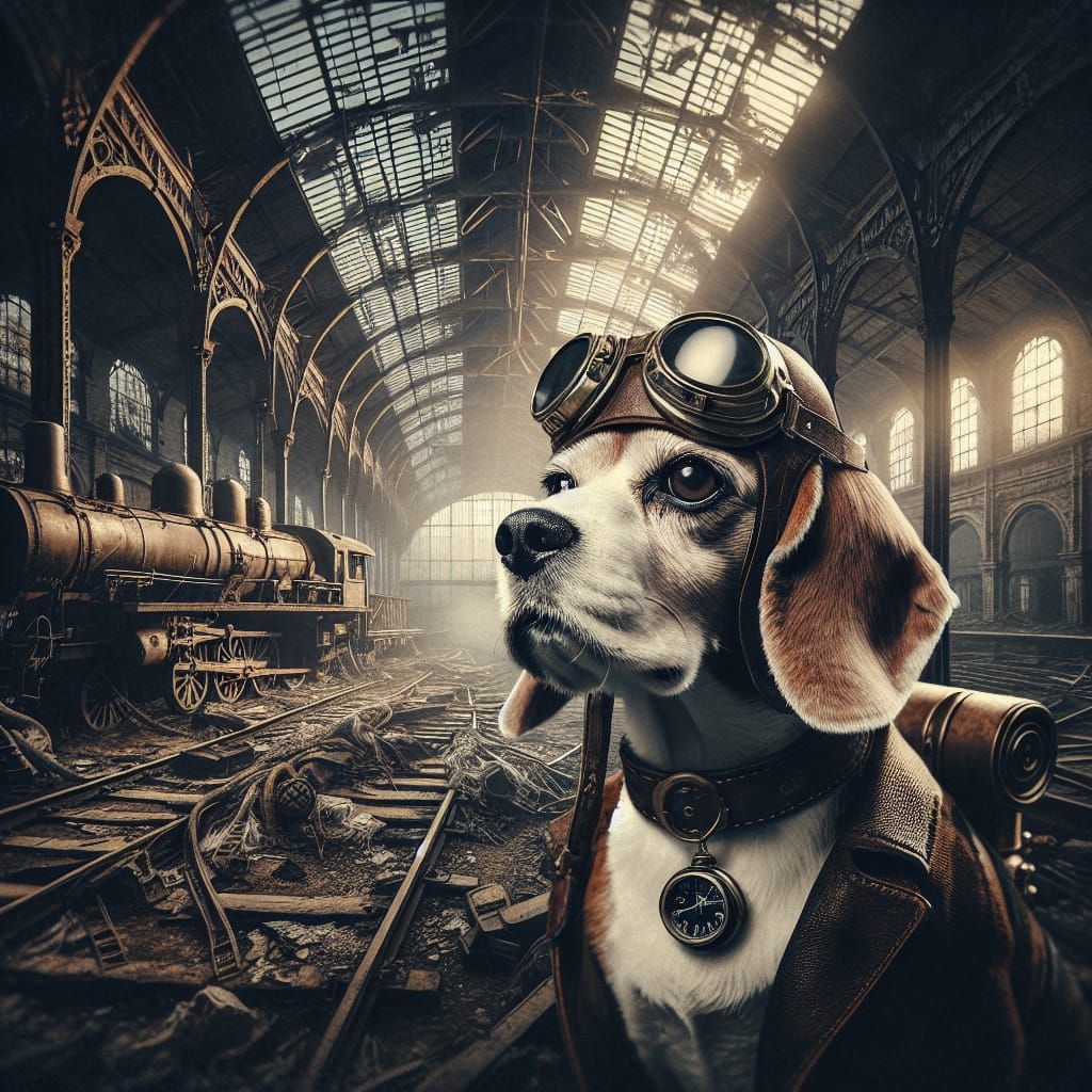 A beagle with brass goggles - Beagle in Abandoned Train Sta...