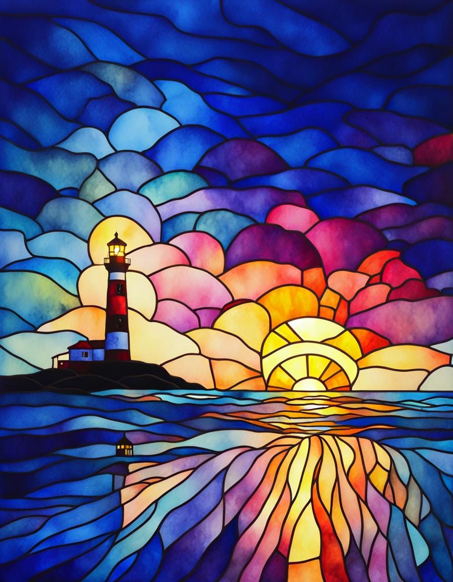 Stained glass watercolor lighthouse at sunset - AI Generated Artwork ...