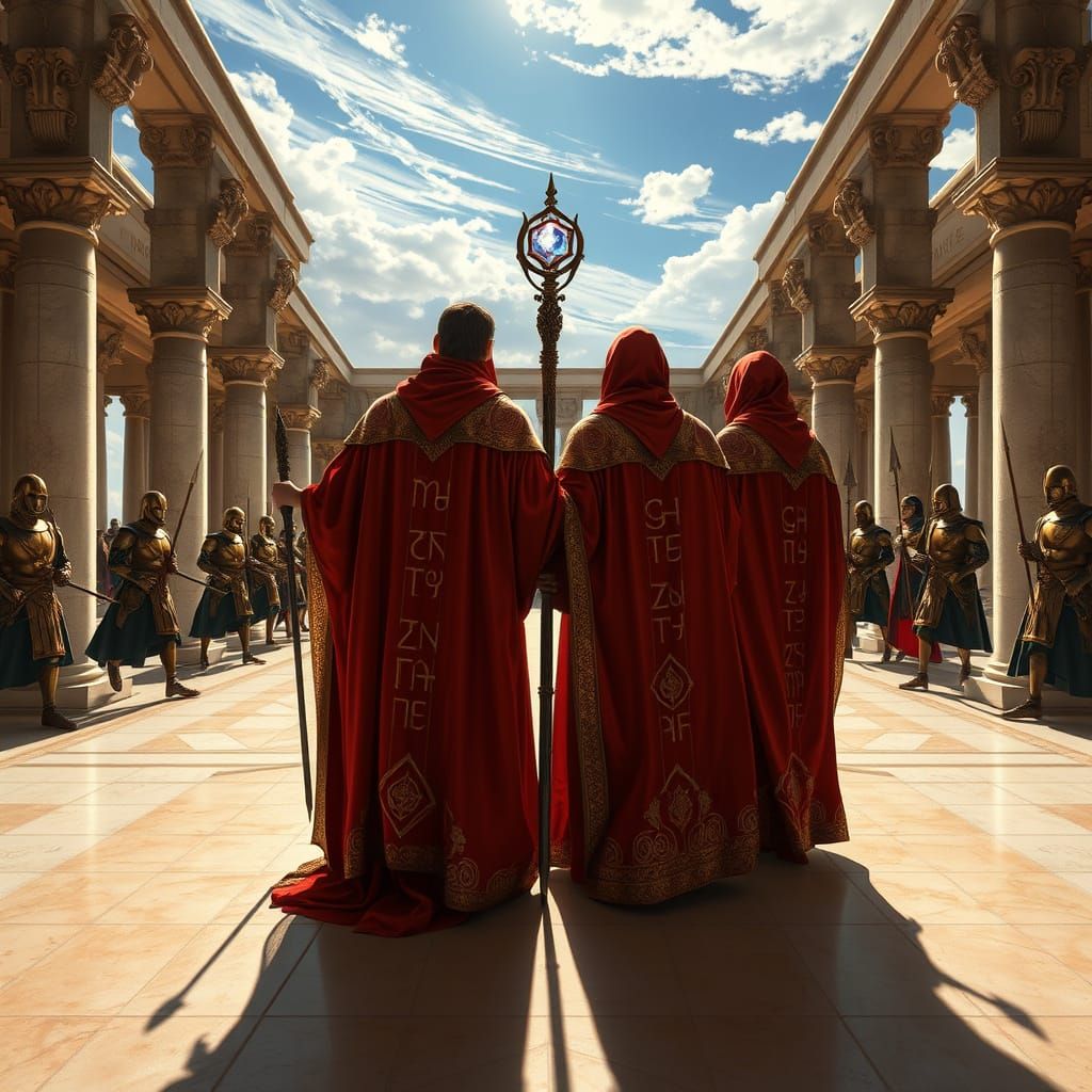 Alessian Temple Mages in Sun-Drenched Courtyard - AI Art