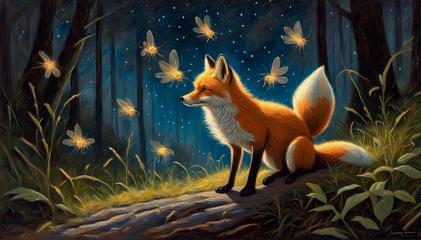 The fireflies showed little cute fluffy fox how they shared moments of ...