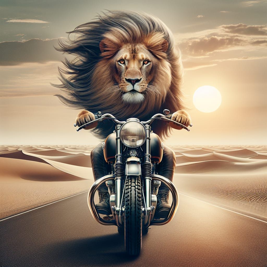 A fantastical scene of a majestic lion confidently driving a vintage ...