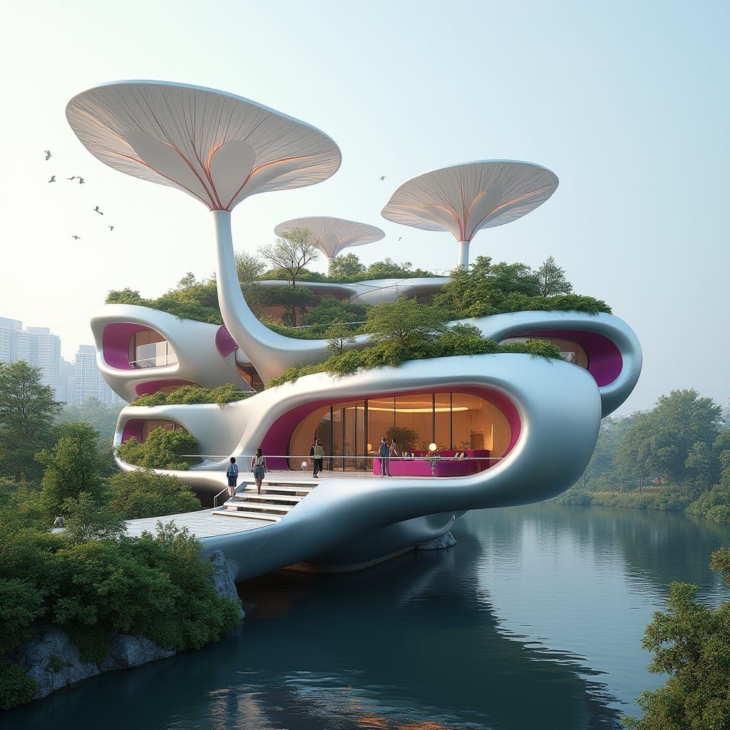 Elegant, Futuristic Flower-Shaped Building in Cybe... - AI Art