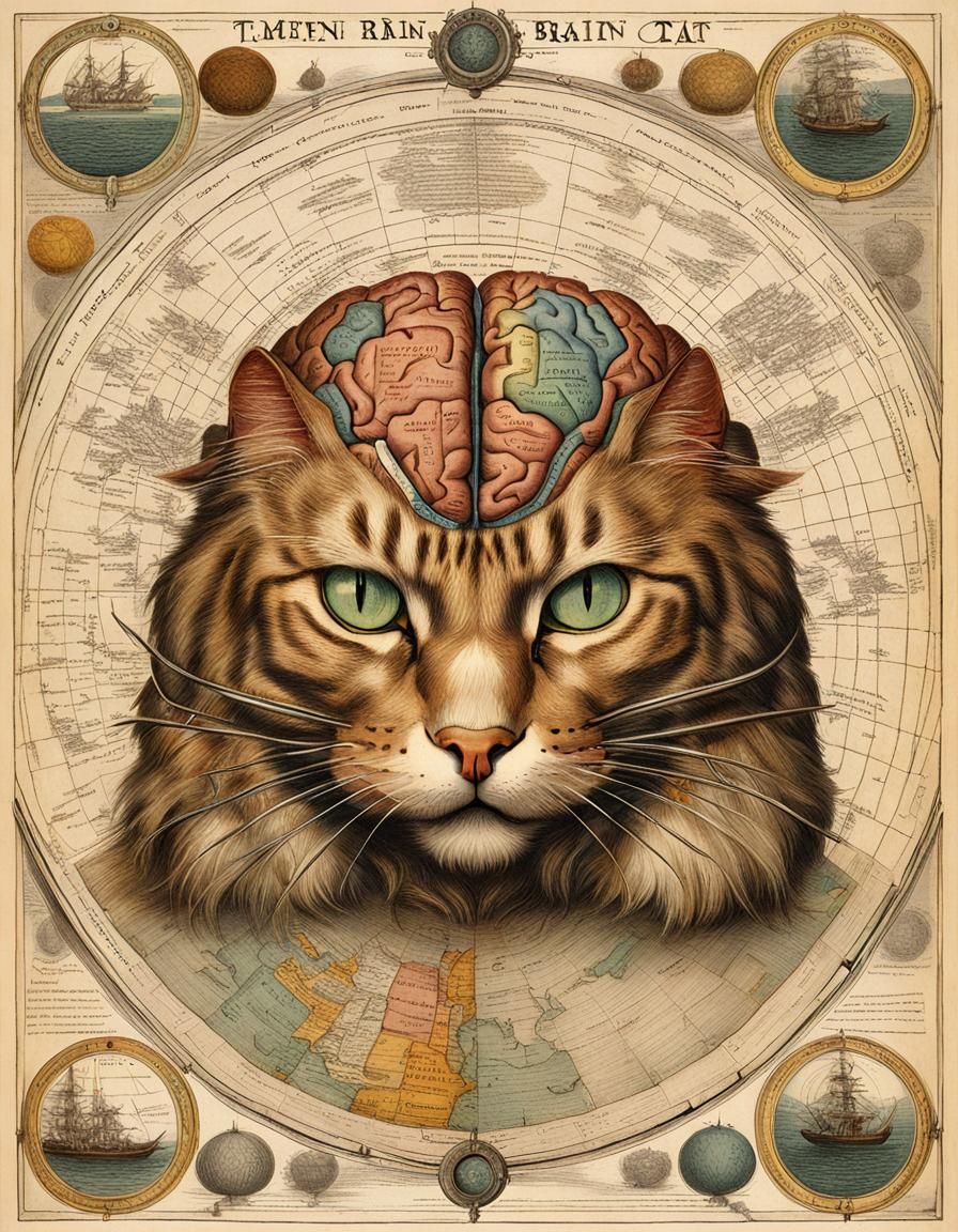Historical fantastical classic illustrated Maps of the cat brain - AI ...