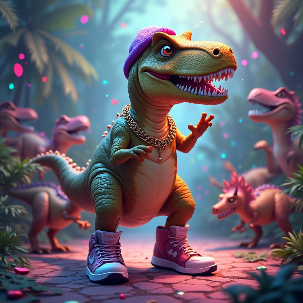 Cartoon T-Rex Breakdancing in Jungle Rave - AI Art