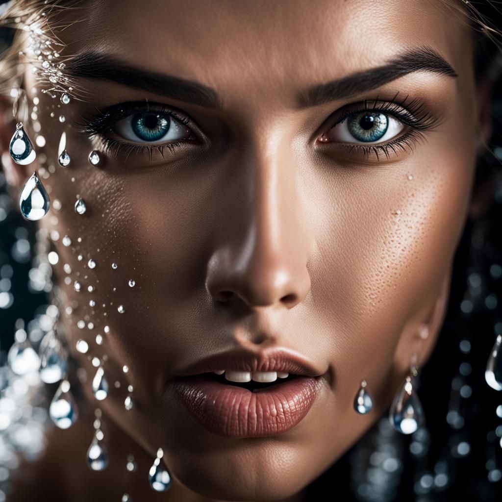 An extreme close-up shot of water droplets falling on a woman's face ...