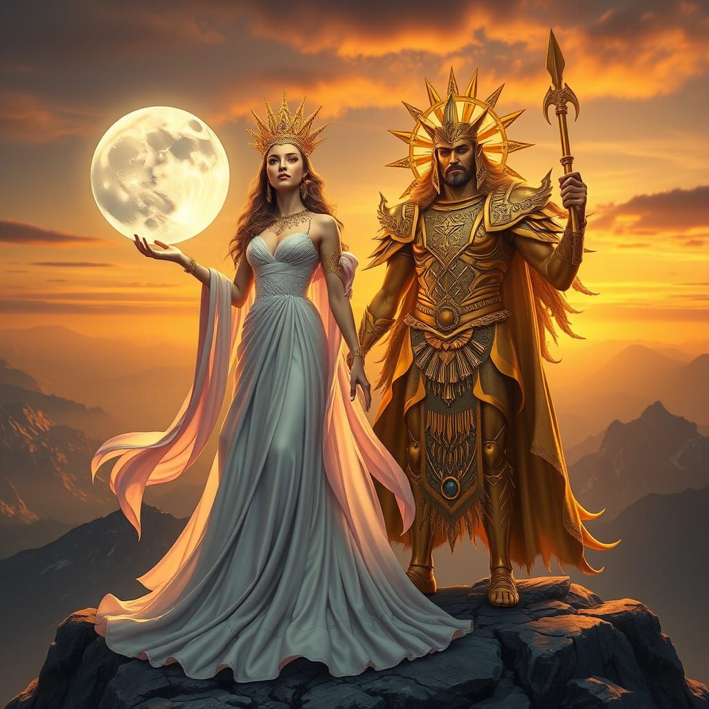 Celestial Deities Unite in Dawn's Golden Light - AI Art